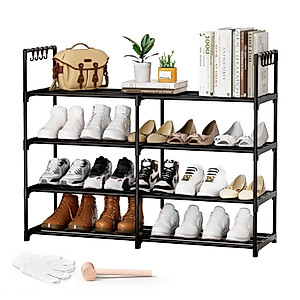 DYJIEKAI 2 Rows 4 Tier Shoe Rack, Black Metal Shoe Racks, Stackable Shoe Shelf with Multifunctional Hooks, Hold 16-20 Pairs, Space Saving Shoe Rack, Shoe Rack for Closet,Shoe Organizer