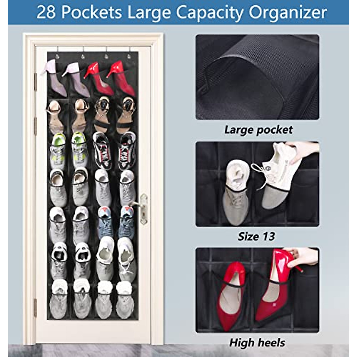 MISSLO 2 Pack 28 Large Pockets Hanging Shoe Rack Door Shoe Organizer Hanging Shoe Storage Hanger for Closet Mesh Holder, Black, White