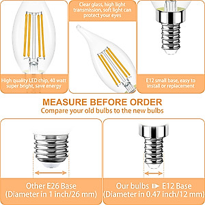 Sailstar E12 LED Candelabra Bulbs Dimmable, 60 Watt Equivalent 3000K Warm White Chandelier Light Bulbs, 4W Filament Candle LED Bulbs, Flame Tip, 500 Lumen, Pack of 6
