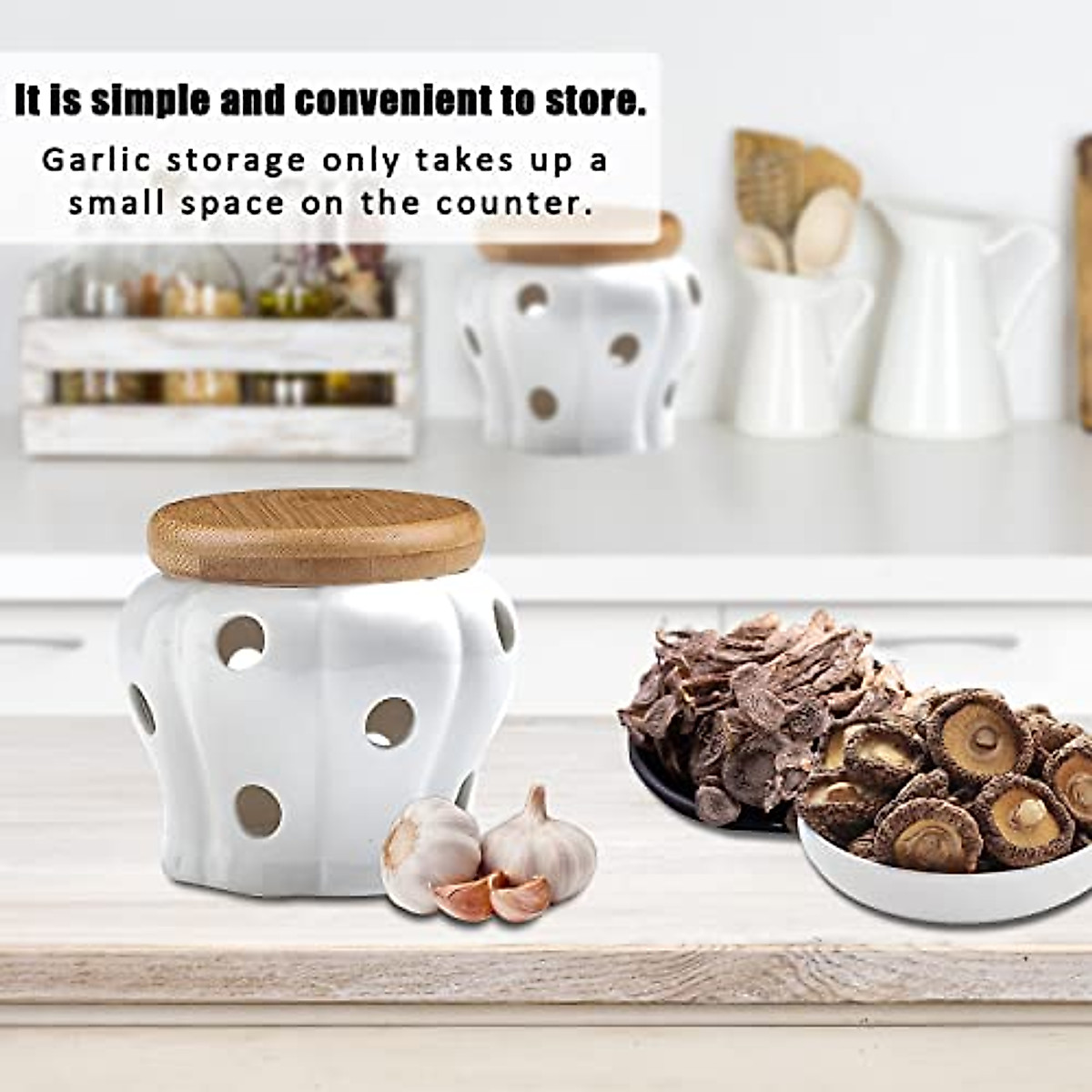 MEKBOK Garlic Keeper,Garlic Keeper for Counter,White Ventilated Garlic Container,Ceramic Garlic Storage Container with Bamboo Lid