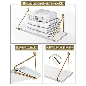 SUMGAR White Floating Shelves 16 Inch Gold Wall Mounted Floating Shelf for Bathroom Bedroom Kitchen Office Set of 2 Modern Wood Haing Shelf for Plant Book Storage and Display