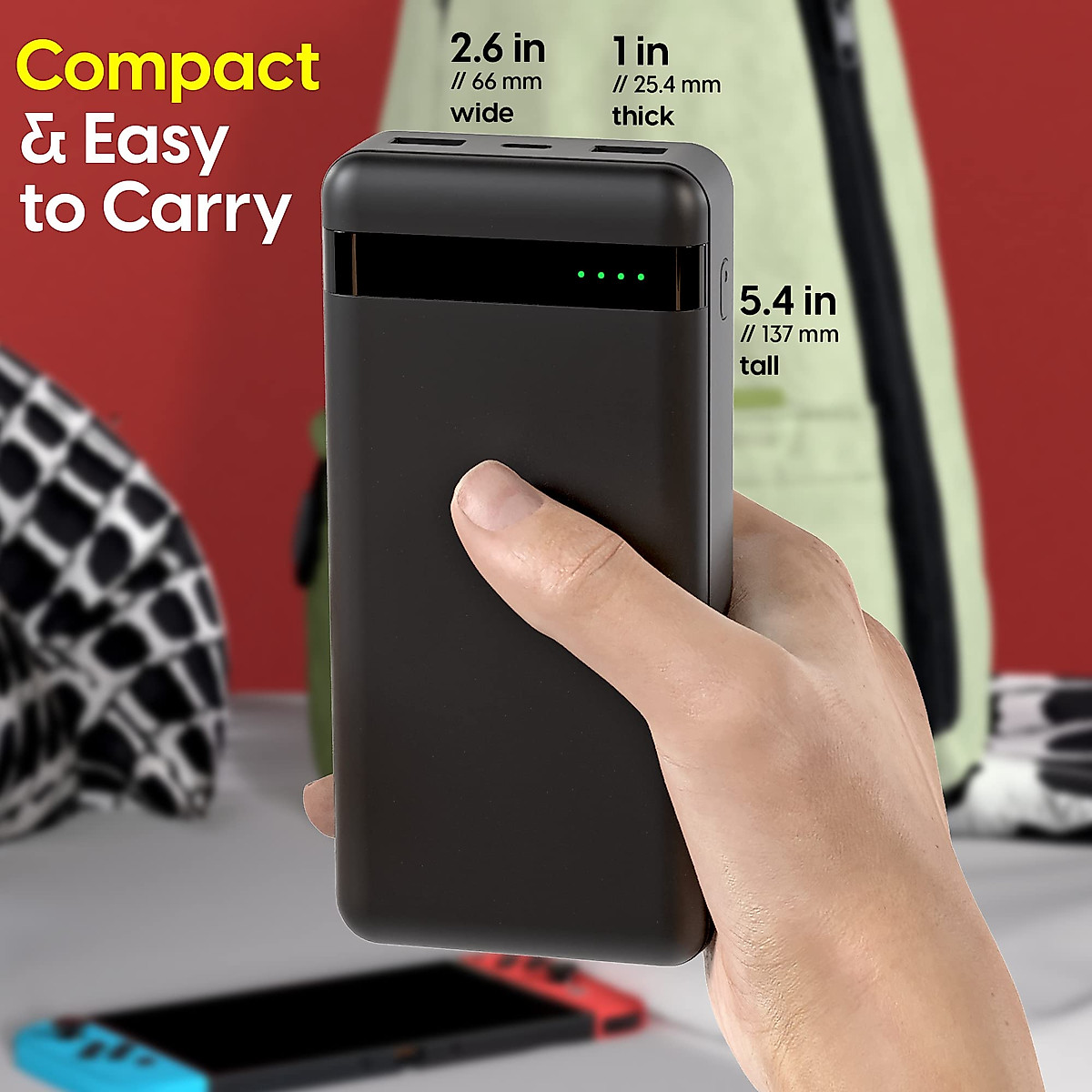 TalkWorks Nintendo Switch Power Bank 20,000mAh - Portable Charger Power Battery Pack With USB Ports And LED Battery Indicator - Compact Easy-to-Carry External Battery Supply With 3ft USB-C Cable