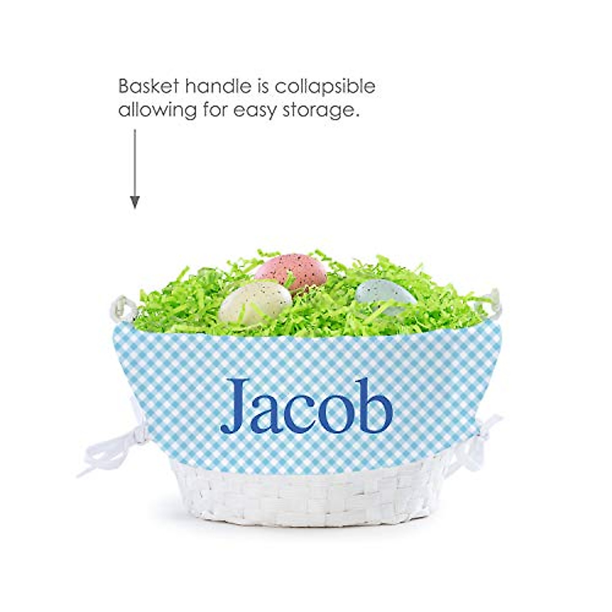Personalized Easter Egg Basket with Handle and Custom Name | Blue Gingham Easter Basket Liners | White Basket | Woven Easter Baskets for Kids and Adults | Customized Easter Basket | Gift for Easter