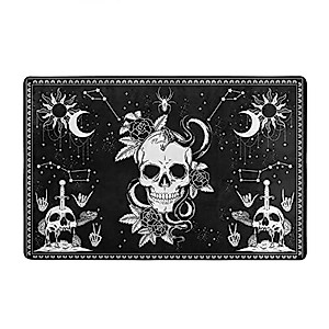 Skull Black and White Snake Moth Skeleton Mandala Moon Star Pattern Area Rug Rugs Non-Slip Floor Mat Doormats Living Dining Room Bedroom Dorm 60 x 39 inches inches Home Decor