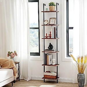 HOOBRO DIY Ladder Shelf, 6-Tier Wooden Wall Mounted Bookshelf, Narrow Bookcase, Display Shelf, Storage Rack, Plant Stand, for Living Room, Bedroom, Study, Balcony, Rustic Brown and Black BF651CJ01