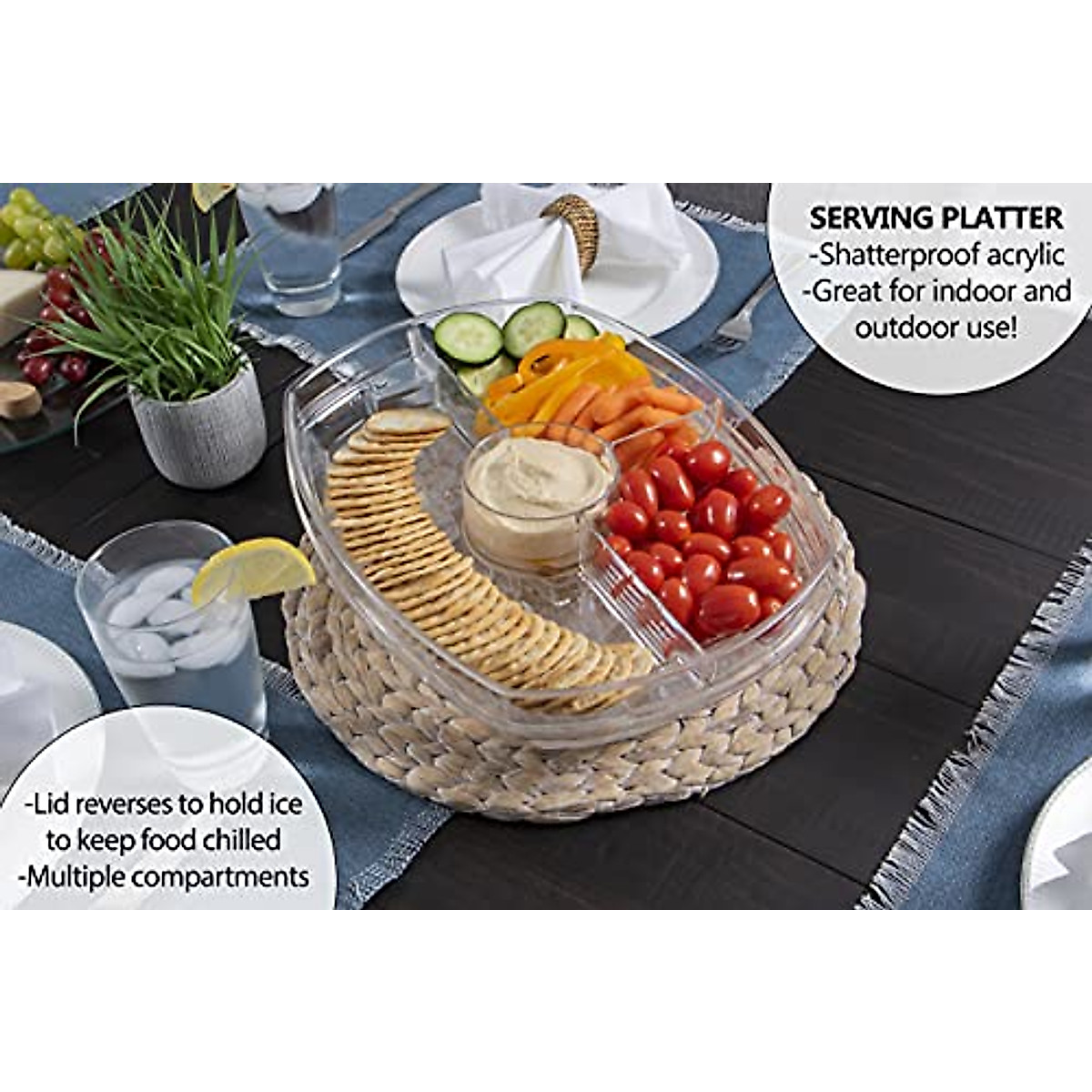 Summer at the Shore Divided Appetizer Serving Platter, Great for Picnics and Barbeques, Outdoor Hosting Party Planning Accessory, One Size, Clear (1567A6-AMZ)