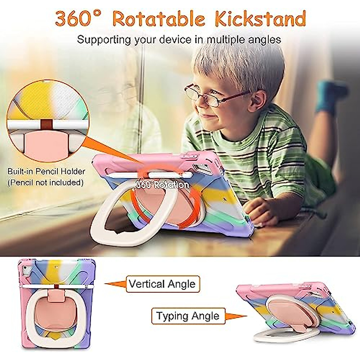 KENOBEE Case for iPad 9.7 6th/5th 2018/2017 / Air 2 / Pro 9.7, 360° Rotating Multi-Functional Handle-Kickstand Shockproof Cover Built-in Screen Protector & Shoulder Strap, Rainbow Pink