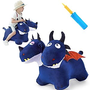 iPlay, iLearn Bouncy Pals Toddler Animal Hopper Toys, Kids Plush Blue Hopping Horse, Inflatable Ride on Dragon W/Pump, Indoor Outdoor Jumper, Birthday Stocking Gift 18 24 Month 2 3 4 Year Old Boy Girl