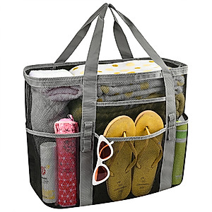 Extra Large Mesh Tote Bag with Multiple Pockets, Heavy Duty Beach Bag for Family Trip Camping Swimming