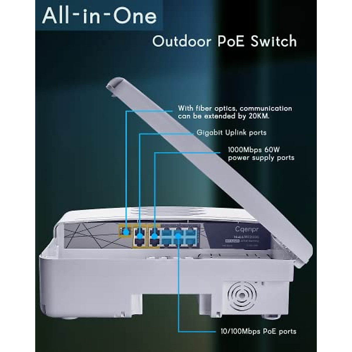 Cqenpr Indoor/Outdoor Waterproof Movable AI PoE Switch, IEEE 802.3af/at/bt, AI Watchdog, PoE++ BT Port 60W Output, Unmanaged.… (Outdoor 11 Port)