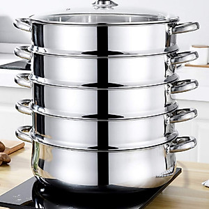 Luxshiny Steamer Pot Stainless Steel Steamer Pot, 5 Tier Stockpot Steaming Cookware Vegetable Dumpling Steaming Pot for Home Kitchen (28CM) Cooking Pot