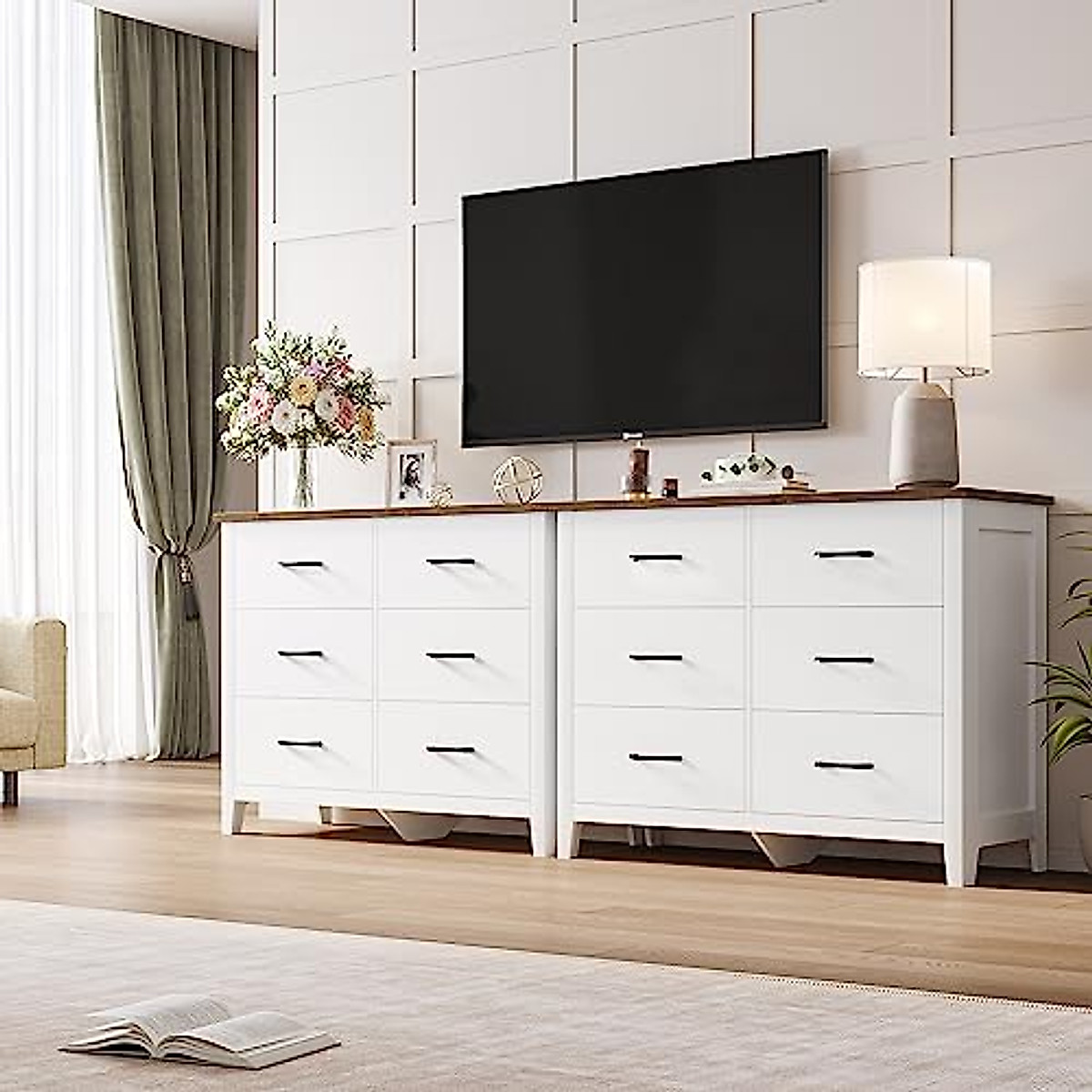HOSTACK 6 Drawer Double Dresser, White Dresser, Wide Chest of Drawers, Wood Storage Dresser Chest Organizers for Living Room, Entryway, Hallway, White/Rustic