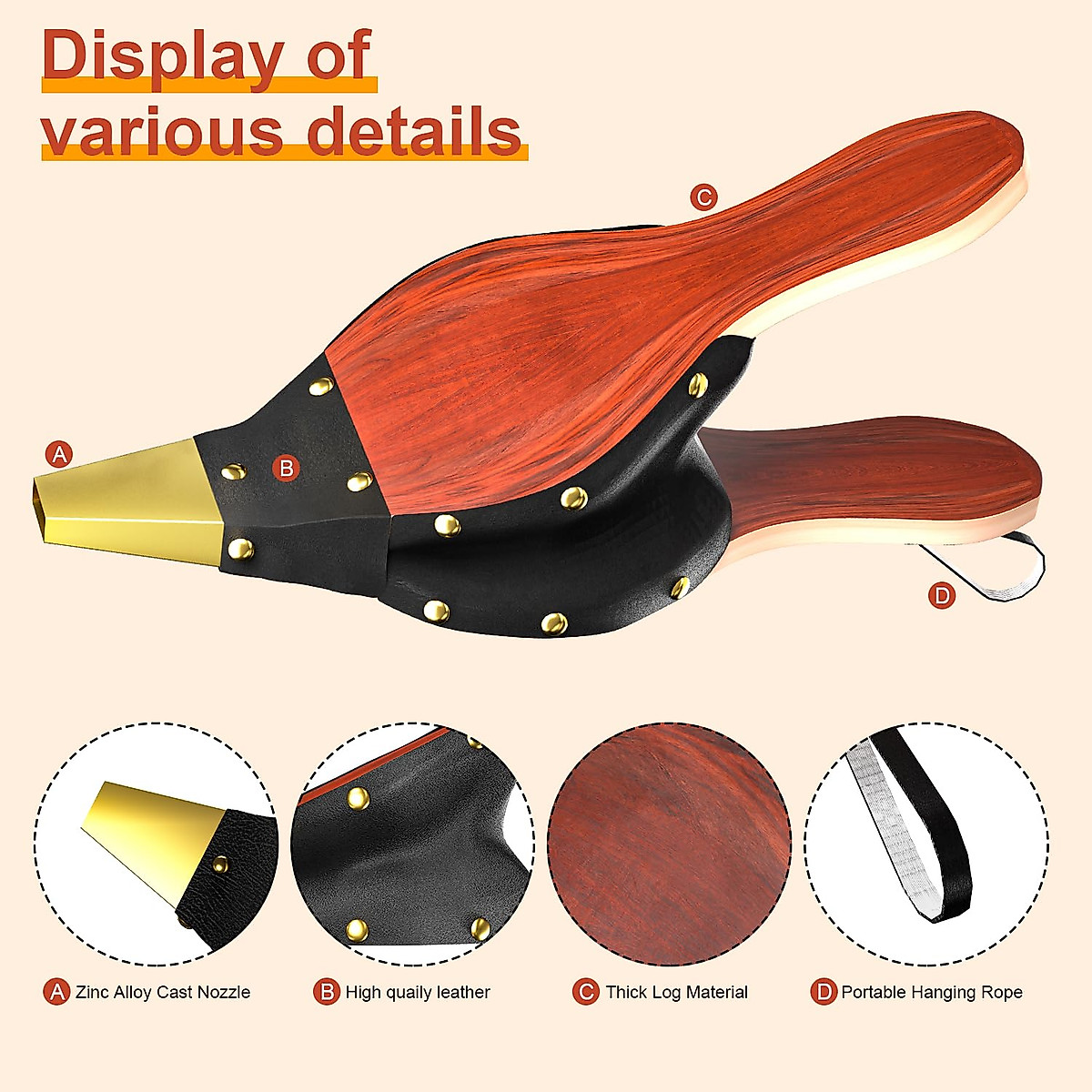 VODA Mini Sized Fireplace Wood Bellows Air Blower for Indoor and Outdoor Camping Cooking BBQ
