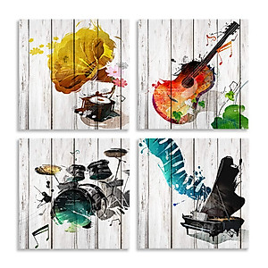 4 Pieces Music Canvas Wall Art Guitar Piano Phonograph and Drum Set Paintings Prints Wooden Style Gift for Music Lover Wall Decor for Music Studio Living Room Bedroom Home decor Framed Ready to Hang