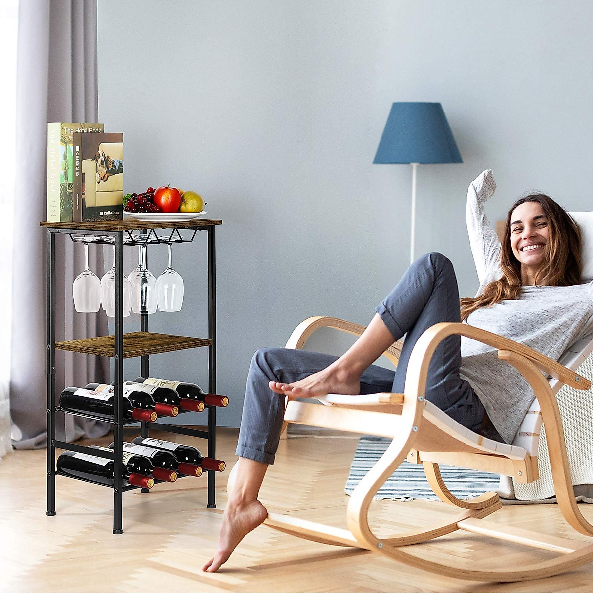 Wood Wine Rack Free Standing Floor, Industrial Wine Display Shelves with Glass Holder Rack & 8 Bottles Holder, Multifunctional Wine Bar Cabinet for Kitchen Dining Room Pantry Cellar, Rustic Brown