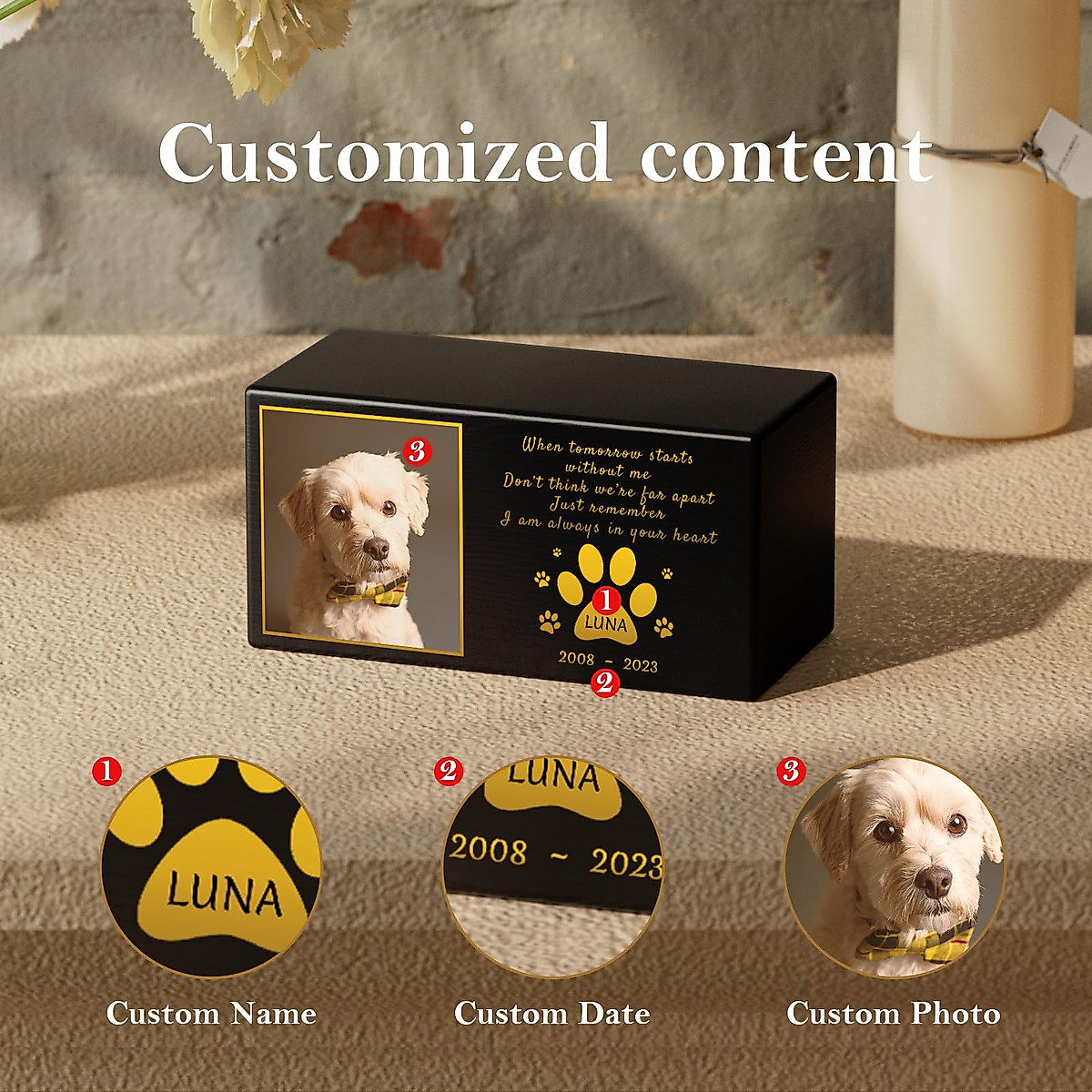 Bemaystar Personalized Pet Urns for Dogs Ashes - Custom Wooden Keepsake Urn Box with Photo for Pet Memorial Keepsake, Box Pet Cremation Urn, Sympathy Gift for a Pet Weight of Up to 10 lbs