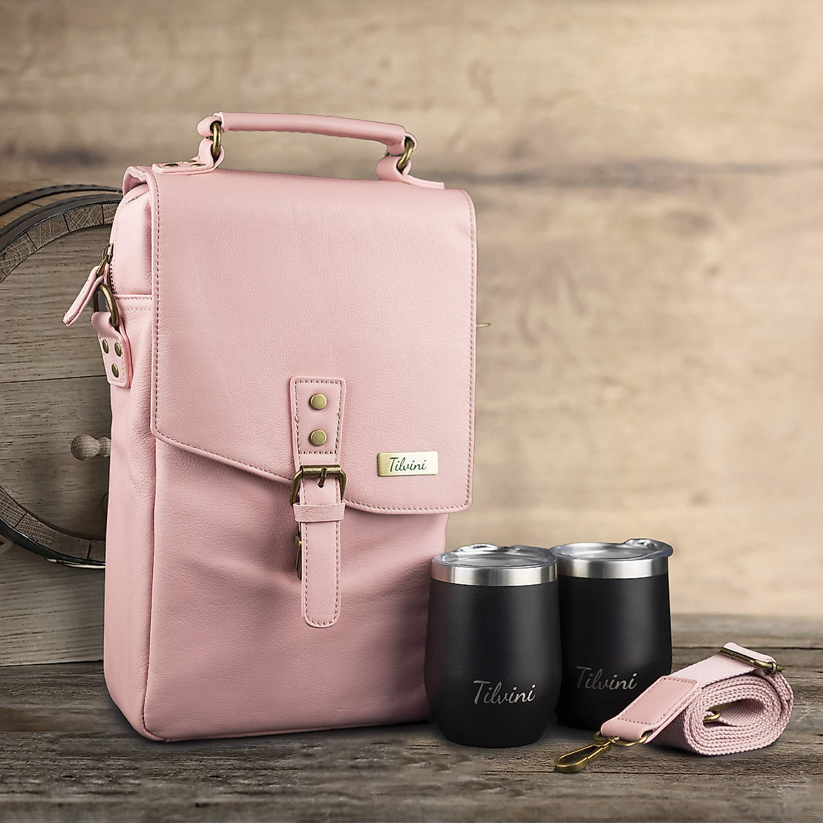 Tilvini Insulated Genuine Leather Wine Tote Bag With 2 Wine Tumblers. Wine Cooler Bag 2 Bottle Wine Carrier Set. Barbie Pink Bag. Wine Purse For Women. Mom Birthday Gift Bachelorette Party Wife Picnic