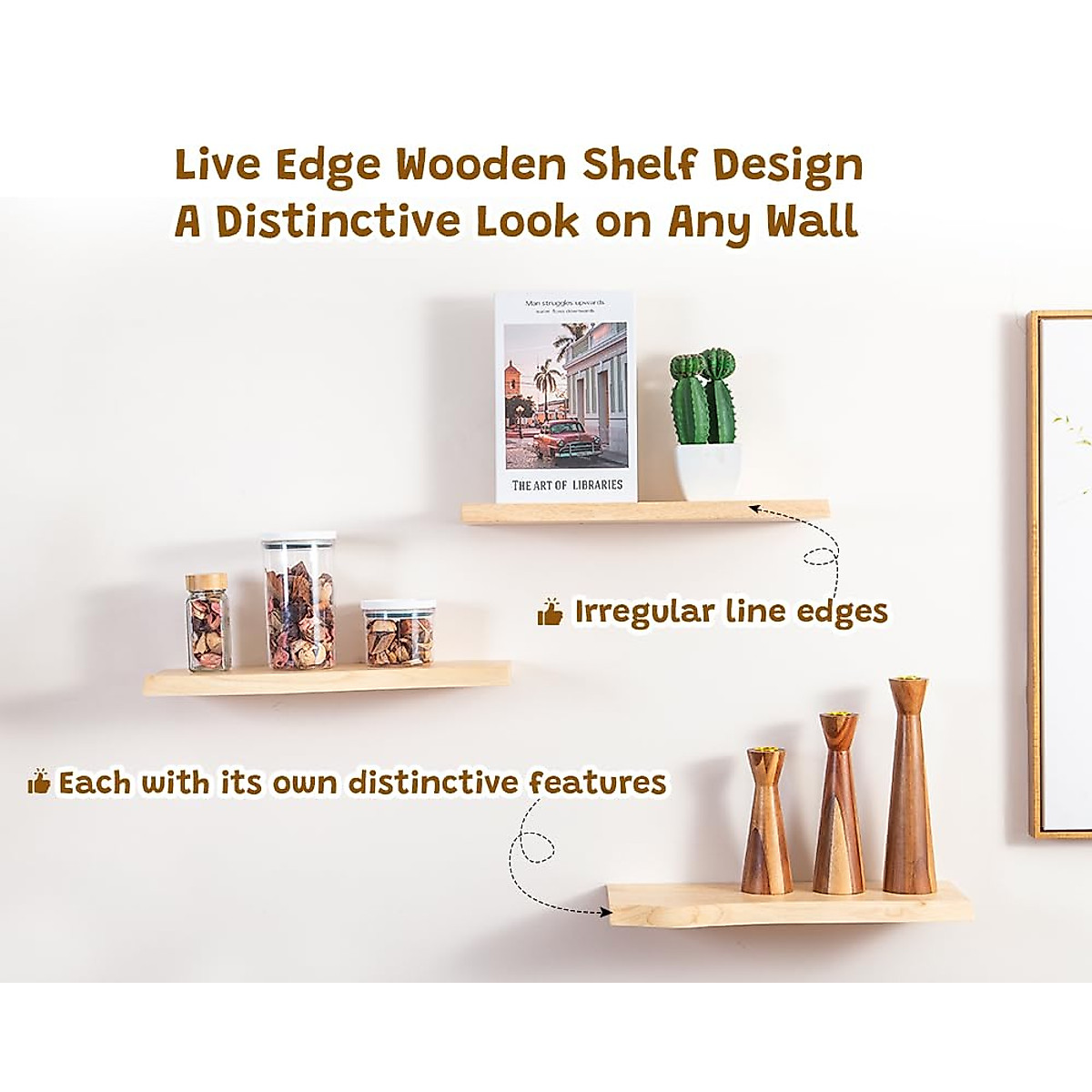 Decent Vrvege Wall Mounted Floating Shelves with Live Edge Design, Irregular Rectangle Wall Decoration Shelf Set of 3, Solid Oak Wood Wall Display Organizer, Home Wall Storage Decor Shelve