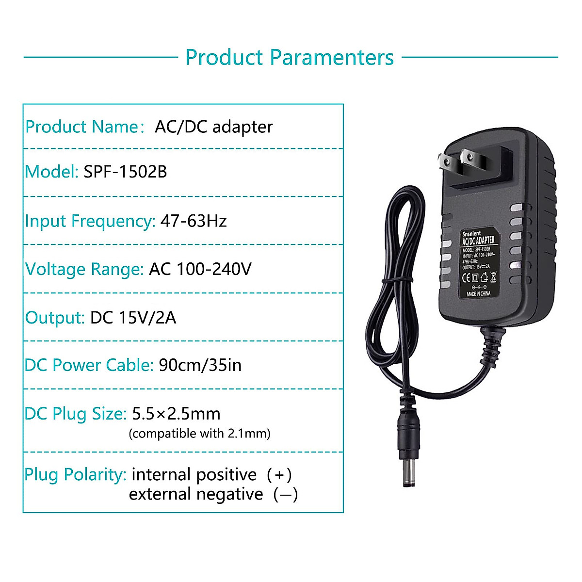 Snsnlent Ac Adapter 15V 2A DC Power Supply Charger AC 100-240V 50-60Hz to DC 15V 2A 30W Charger Power Supply 15V 30W 2A Ac Adapter Charger with 5.5mm x 2.5mm Plug