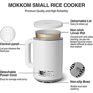 MOKKOM Mini Rice Cooker 2 Cups uncooked, Healthy Ceramic Coating Portable Rice Cooker, 0.8L Travel Rice Cooker Small for 1-2People, Personal Rice maker, Keep Warm Function, Multi-cooker for White Rice, Grains, Oats