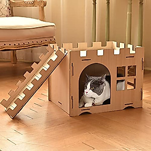 Extra Large Wooden Rabbit Castle with Ladder - Wood Cat Beds for Indoor Cats, Rabbit Hideout Bunny House Luxurious Small Animal Rest and Play House for Chinchilla Guinea Pig Hamster Hideout Habitat