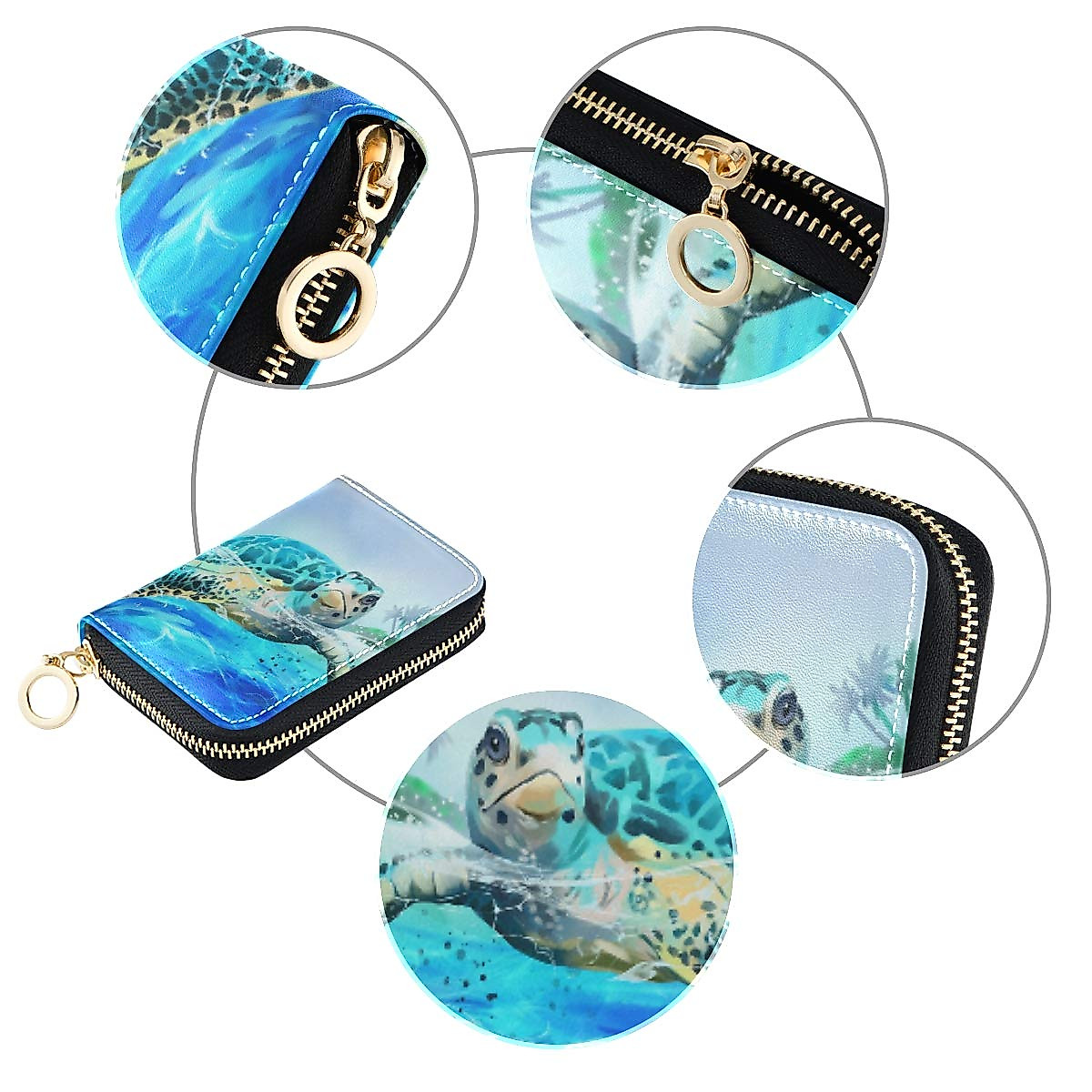 MOYYO RFID Credit Card Holder Case Watercolor Drawing Sea Turtle Leather Printed Zipper Card Case Wallet for Women Girls