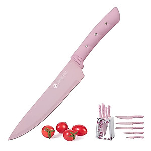 Chef Knife Set, 6 Pieces Stainless Steel Professional Kitchen Knife Set with Acrylic Stand for Cooking, Lightweight Strong Anti-Slip Pink Knives Set Kitchen Gifts for Women (Pink) One Size