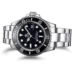 Reginald Men's Watch Luminous Quartz Rotatable Bezel Sapphire Glass Silver Stainless Steel Band and Case Waterproof Sports Black Watch