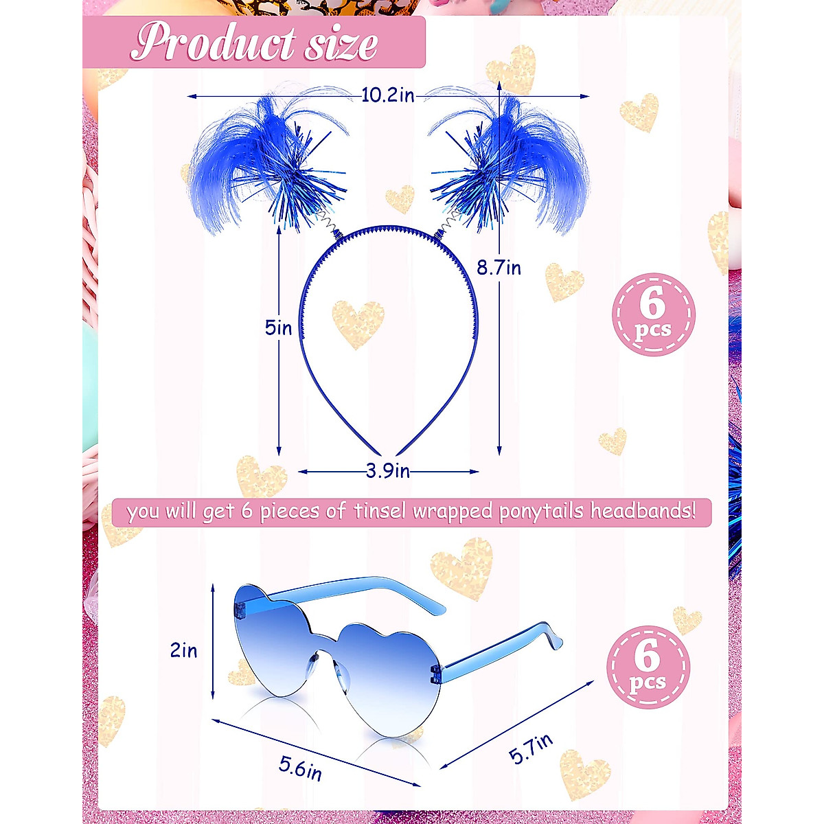 12 Pcs Tinsel Wrapped Ponytails Headband with Heart Shape Sunglasses Costume Party Faux Feather Headwear Bopper for Festival(Blue)