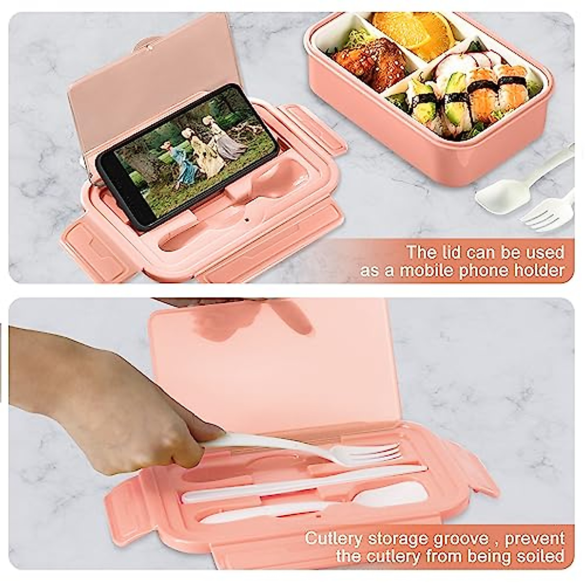 Landmore Bento Box Lunch Box for Kids Adults, 1100 ML Bento Lunch Box for Kids 3 Compartments with Utensils and Lunch Bag, Leakproof BPA Free(Pink)