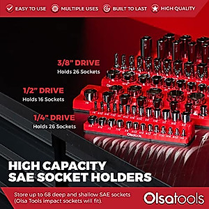 Olsa Tools Magnetic Socket Organizers | 3 Piece Set Socket Holder Kit | 1/2-inch, 3/8-inch, & 1/4-inch Drive | SAE Red | Holds 68 Sockets | Professional Quality Tools Organizer Part 1150