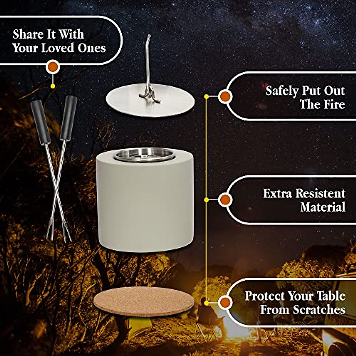 ByRoss Tabletop Fire Pit Kit for Outdoor and Indoor with 2 Forks, 1 Coaster, 1 Extinguisher | Portable Fire Pit Centerpiece | Smores Maker Tabletop Alcohol Fire Pit | Cement Mini Fireplace - Grey