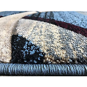 Modern Door Mat Area Rug Contemporary Geometric Blue Burgundy Black & Beige Sculpture Design 248 (2 Feet X 3 Feet 4 Inch)