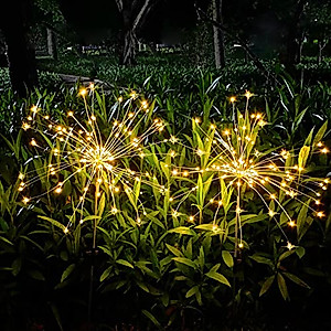 JJGoo Outdoor Solar Garden Lights, 2 Pack 120 LEDs 2 Lighting Modes Waterproof Fireworks Light for Outdoor Patio Walkway Pathway Decorative - Warm White