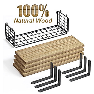 Longzhuo 4+1 Tier Floating Shelves, Rustic Wood Wall Shelf, Bathroom Shelves Over Toilet with Wire Storage Basket, Farmhouse Wall Decor for Bedroom, Kitchen, Living Room and Plants, Brown