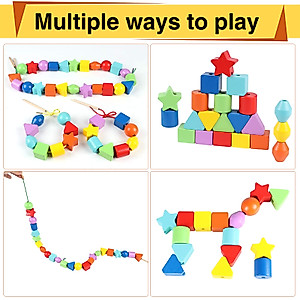 Atoylink 42PCS Lacing Beads Montessori Toys for Toddlers Wooden Primary String Threading Beads Rainbow Lacing Toy Preschool Fine Motor Skills Educational Toy for 3 4 5 6 7 8 Years Old Kids Boys Girls