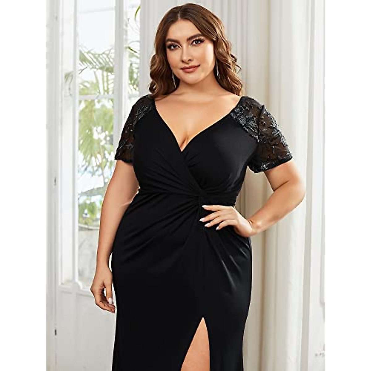 Ever-Pretty Plus Women's Double V-Neck Sequins Pleated Formal Dresses Plus Size Dresses for Curvy Women Black US24