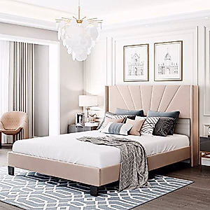 HBRR Queen Size Bed Frame with Velvet Upholstered Headboard, Low Profile Platform Bed with Wood Slats, Fully Upholstered Mattress Foundation, Noise-Free, Easy Assembly, Beige