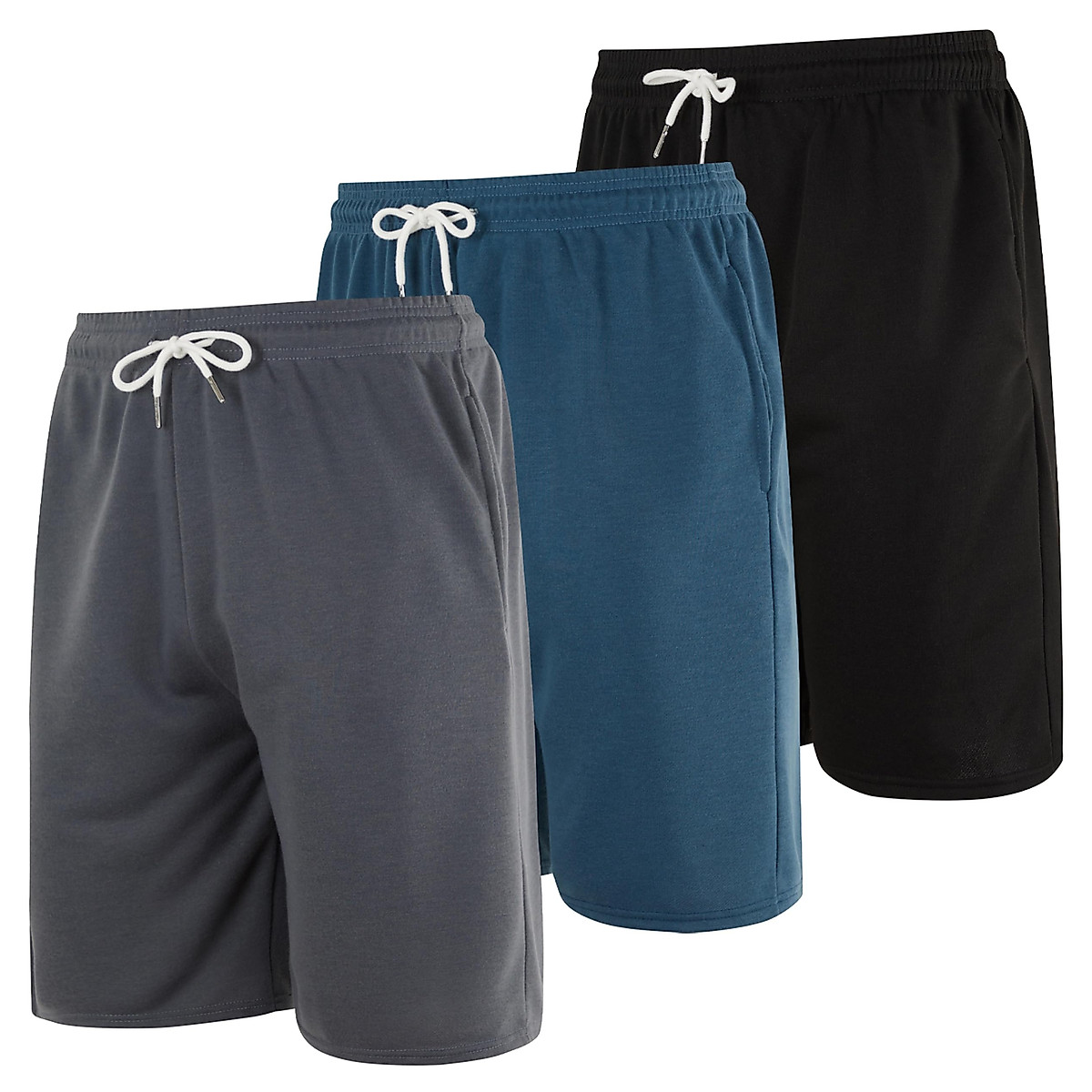 Real Essentials Men's Casual Lounge Shorts Pockets Active Sports Fitness Training Athletic Gym Sweat Workout Knit Soccer Basketball French Terry Cloth Cotton Dry Fit Jersey Sleep, Set 4, XL, Pack of 3