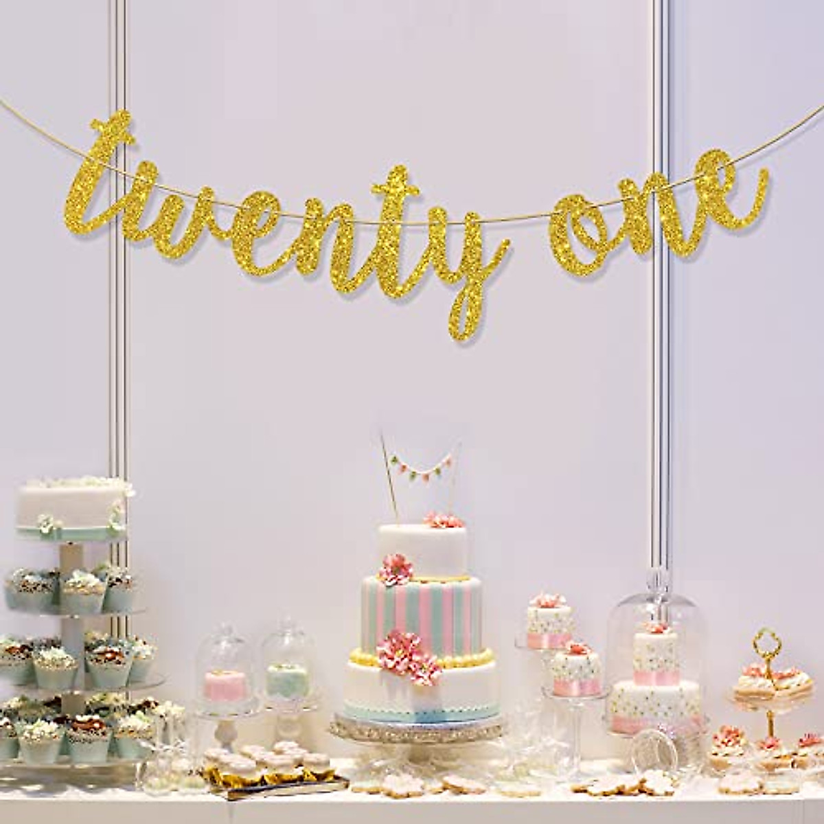 Twenty One Banner, Cheers to 21 Years Birthday Decorations, Finally 21, Happy 21st Birthday Anniversary Party Supply Gold Glitter