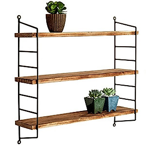 MyGift 23-Inch Modern Floating Shelves Industrial Metal and Rustic Burnt Brown Wood Adjustable Wall Mounted 3-Tier Display Shelf Unit Rack