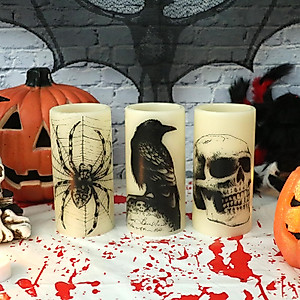 Eldnacele Halloween Flickering Candles with Skull, Spider Web, Crow Raven Decals Set of 3, Battery Operated Halloween Themed LED Candles Horror Spooky Decoration
