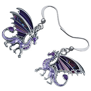Enamel Alloy Dinosaur Fantasy Dragon Earrings Drop Dangle Unique Animal Jewelry for Women Dragons Gifts (Orchid Purple)
