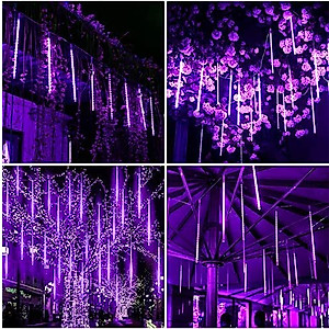 WAKAKA 2 Pack Purple Solar Christmas Lights Outdoor Waterproof, Total 16 Tubes 288 LED Solar Meteor Shower Lights, Falling Rain Lights for Outside Tree Christmas Decorations