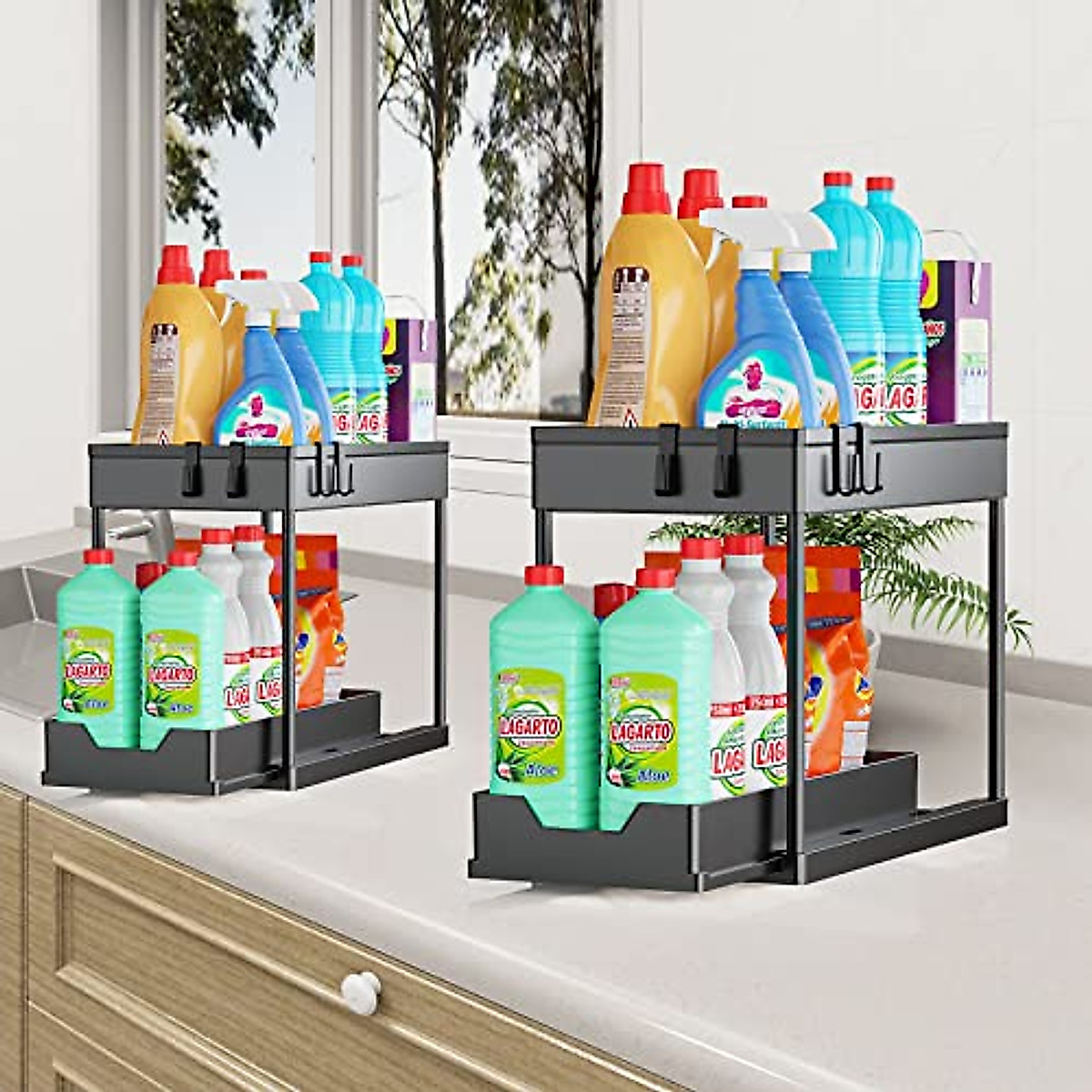 Under Sink Organizers and Storage - Adjustable Height Sliding 2-Tier Pull Out Drawer Rack Multi-Purpose Under Sink Shelf Organizer for Kitchen Bathroom Under Counter Cabinet Storage (Dark Black-2pcs)