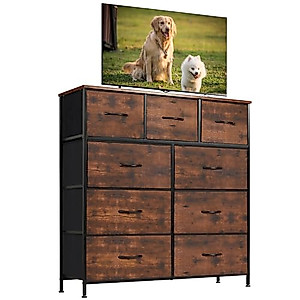 Sweetcrispy Dresser for Bedroom with 9 Fabric Drawers, Tall Chest Storage Tower, Organizer Units for Clothing Closet, Kidsroom Furniture, Steel Frame, Wood Top, Lightweight Quick Assemble Cabinet