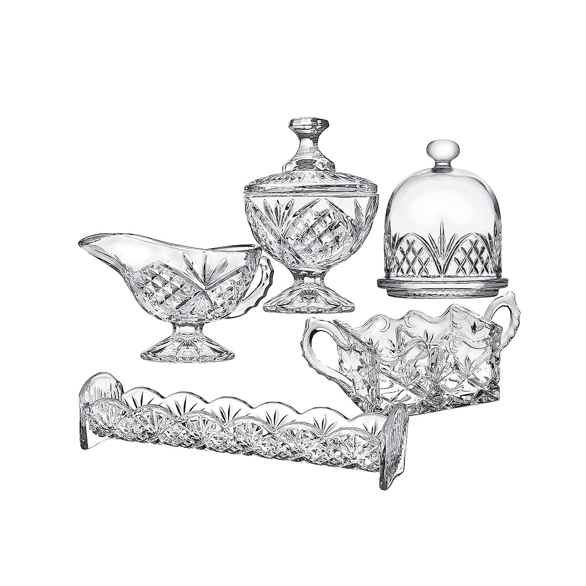 Godinger Serving Hostess Set - Butter Dish, Sugar and Creamer, Packet Holder, Cracker Tray - 5 Piece Set, Dublin Collection