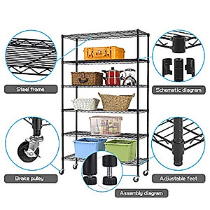 HCB 6-Tier Storage Shelf Heavy Duty Wire Shelving Unit 82"x48"x18" Height Adjustable Metal Steel Wire with Casters for Restaurant Garage Pantry Kitchen Rack (Black)