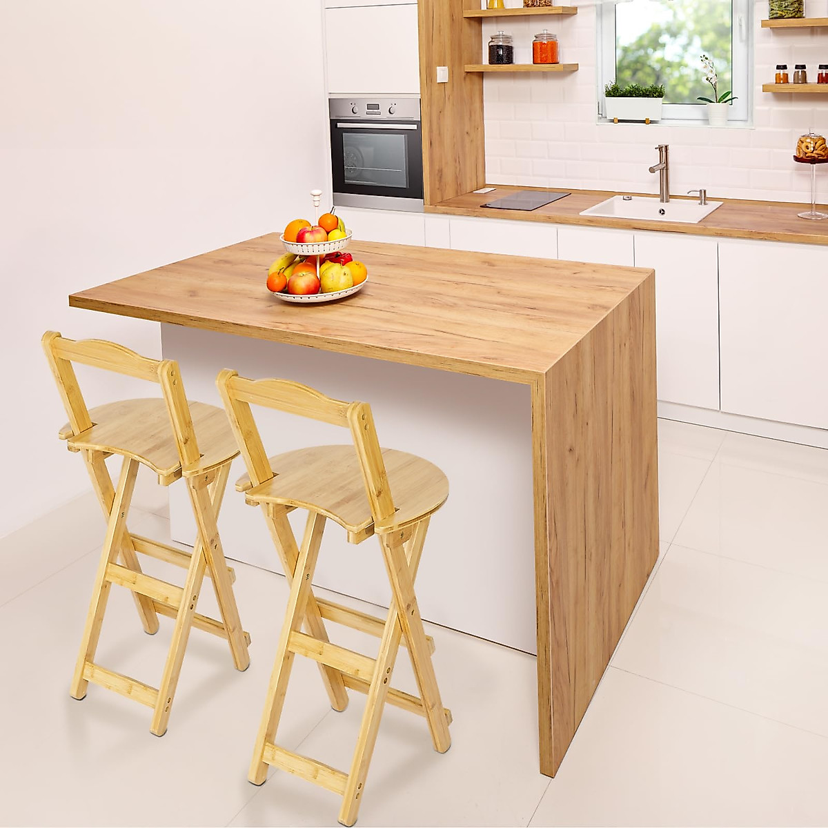 Leinuosen 2 Pieces Folding Bamboo Bar Stools with Backrest and Footrest 33 Inches Foldable Barstool Collapsible Portable Counter Height Folding Chairs with Pedals for Home, Outdoor, Kitchen