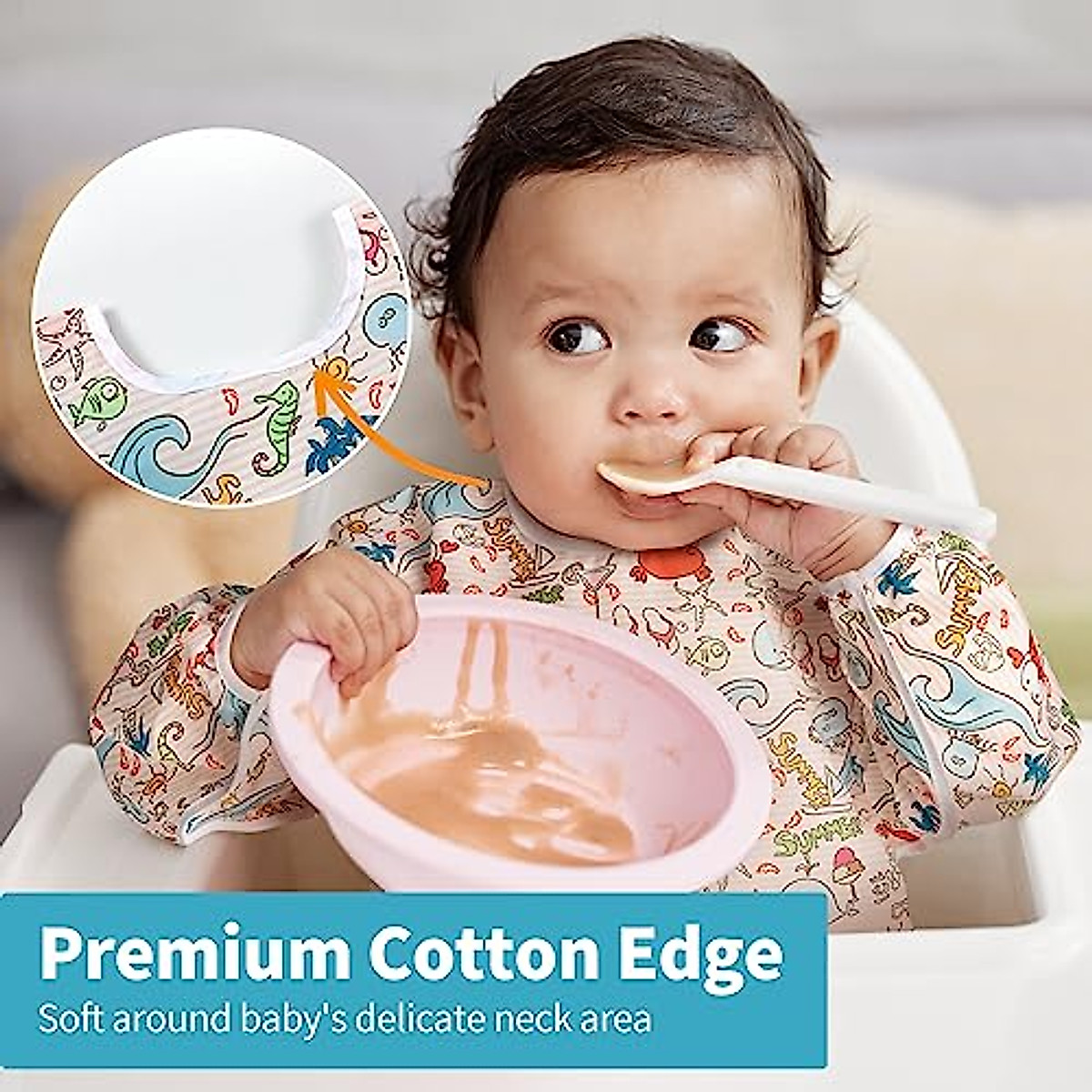 3 Pcs Long Sleeved Bib Set | Baby Waterproof Bibs with Pocket Bundle | Toddler Bib with Sleeves and Crumb Catcher | Stain and Odor Resistance Play Smock Apron - Pack of 3 | 6-24 Months